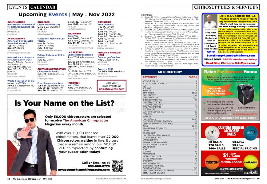 Upcoming Events I May - Nov 2022 | The American Chiropractor | MAY 2022